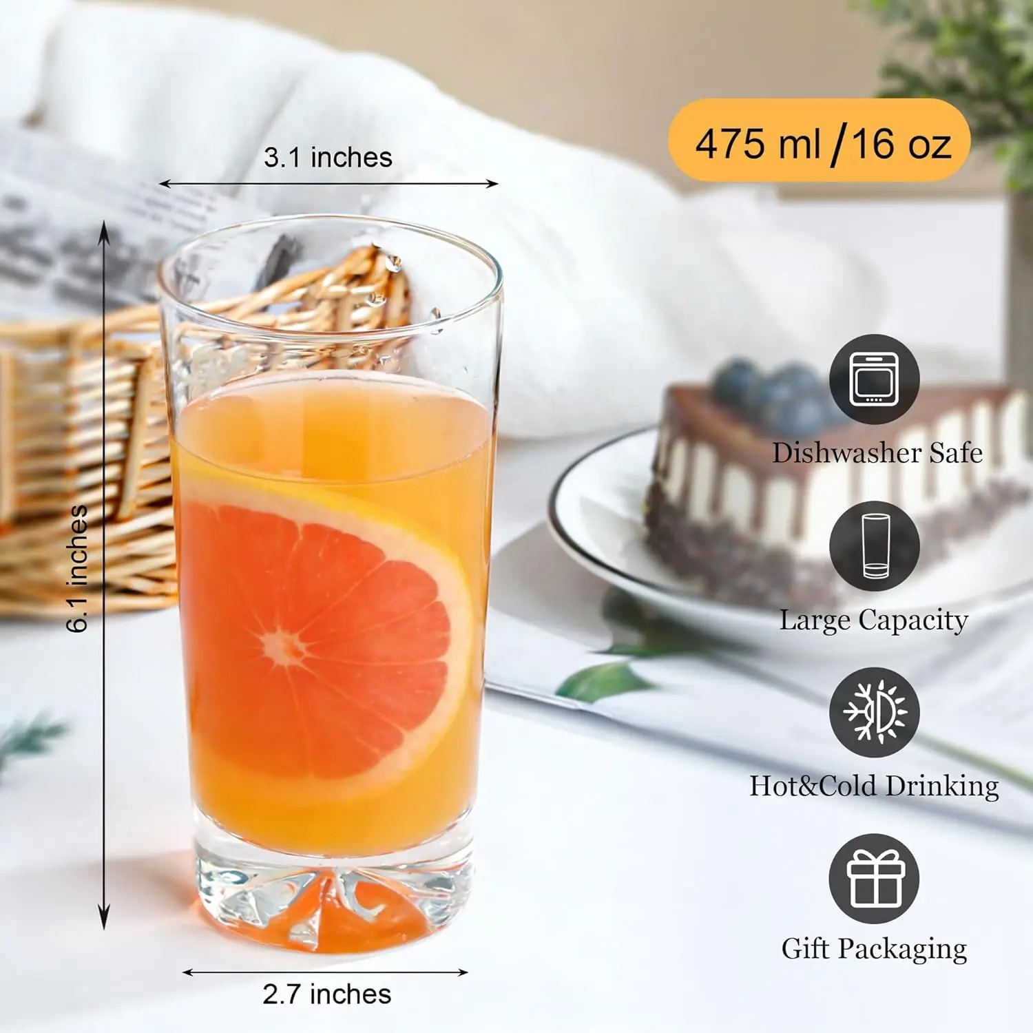 Drinking Glasses Set of 6, 16 oz Glass Cups with Wide Mouth Design ...