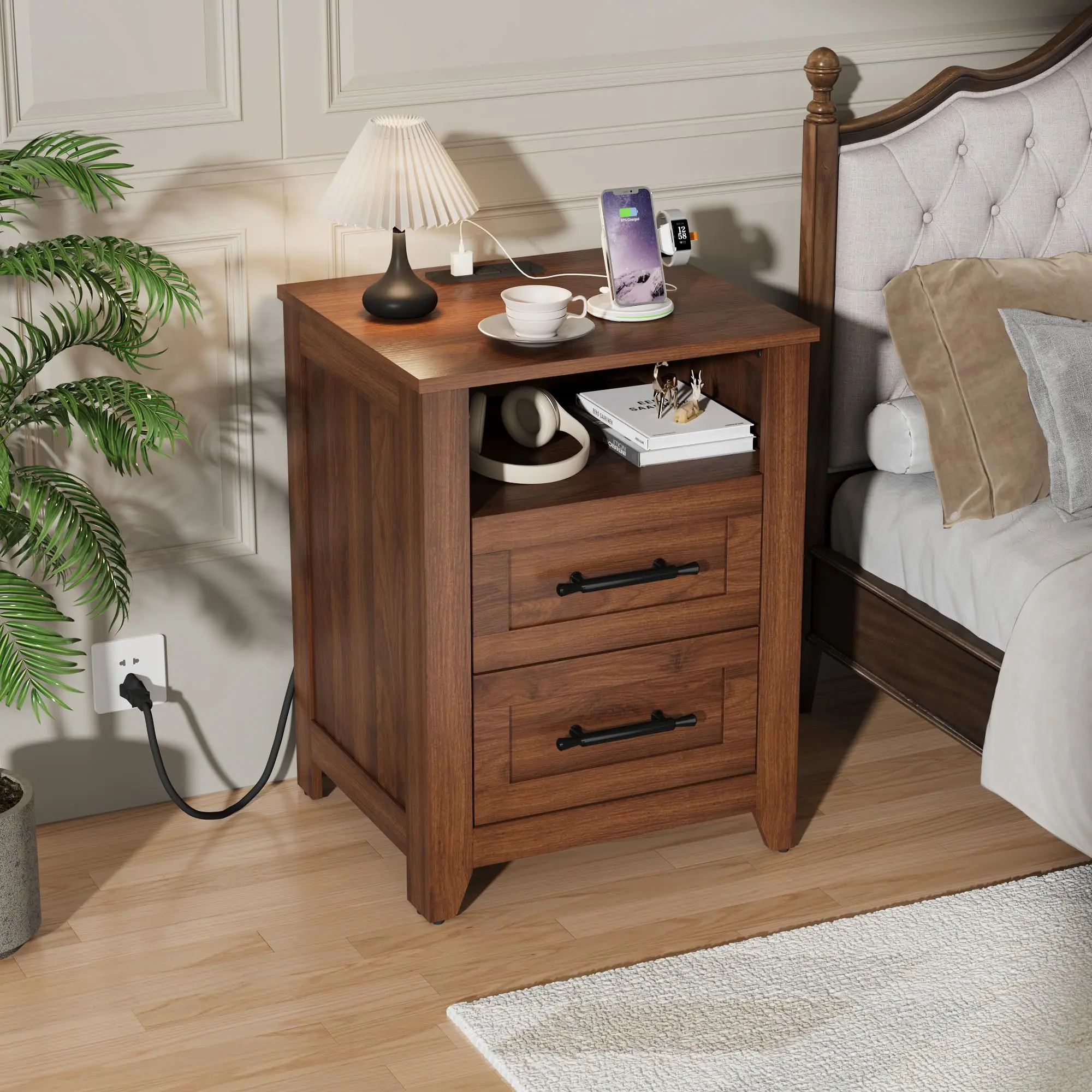 Garvee Farmhouse Bedside Table with Charging Station – 23.6" MDF ...