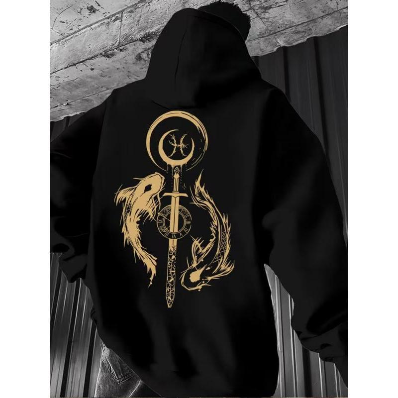 New Men's Homewear Fish & Samurai Sword Pattern Print Hoodie, Spring ...