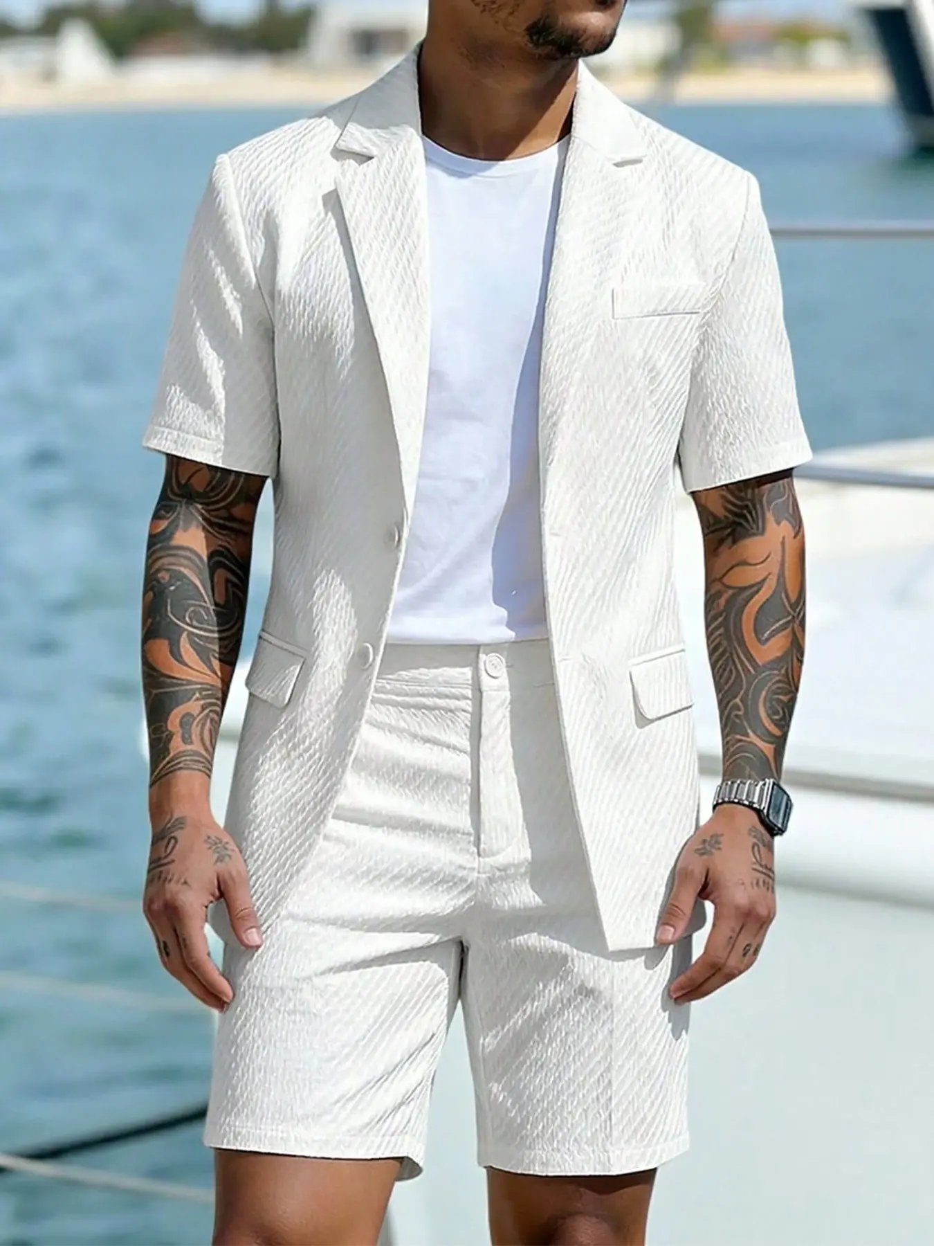 Men's 2-Piece Short Sleeve Fitted Blazer Set with Loose Shorts, Casual ...
