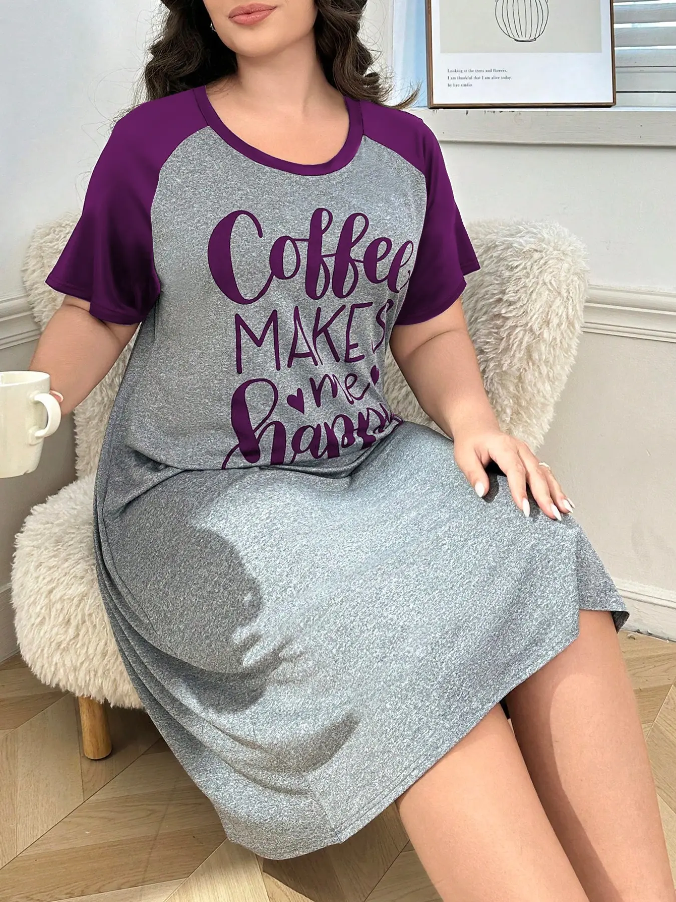 Women's Plus Size Casual Letter Print Colorblock Shoulder Home Dress ...