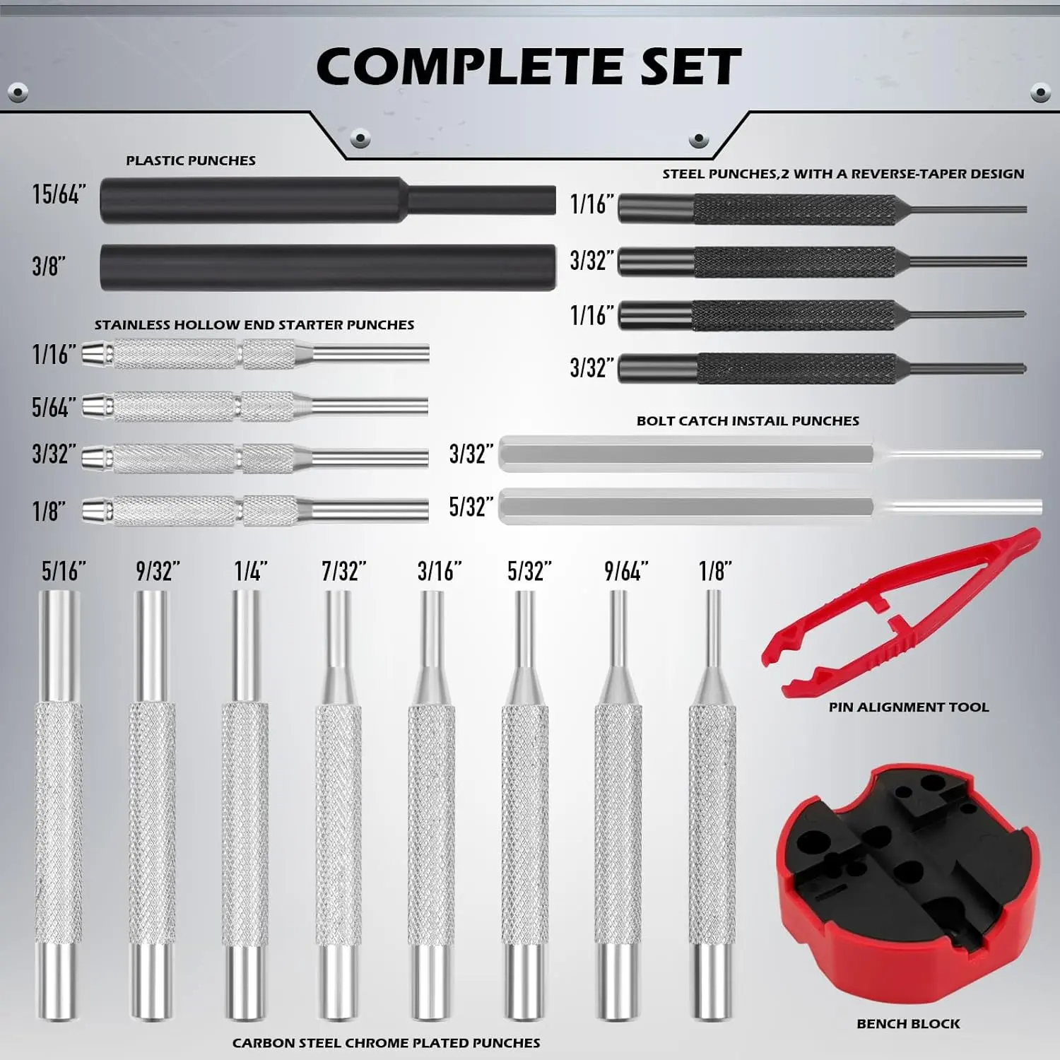 Pin Punch Hammer Set: 25- Punch Set and Hammer with Bench Block, Steel ...