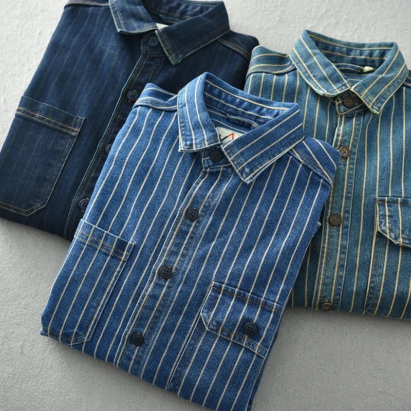 Heavy vintage washed vertical stripe denim shirt men's loose size ...