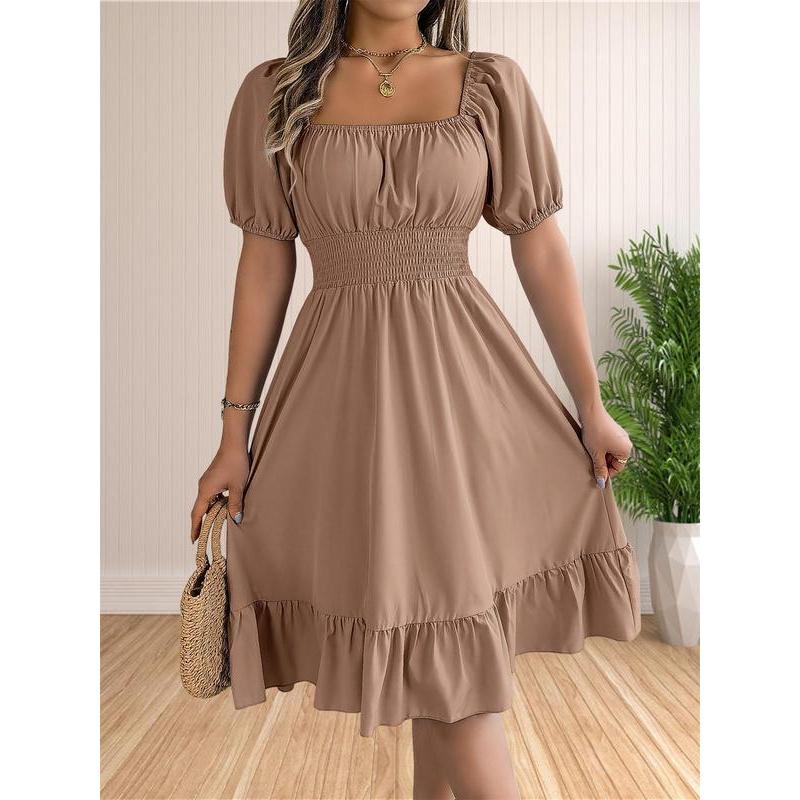 Women's Plain Ruffle Hem Shirred A Line Dress, Lady Mufti Clothes ...