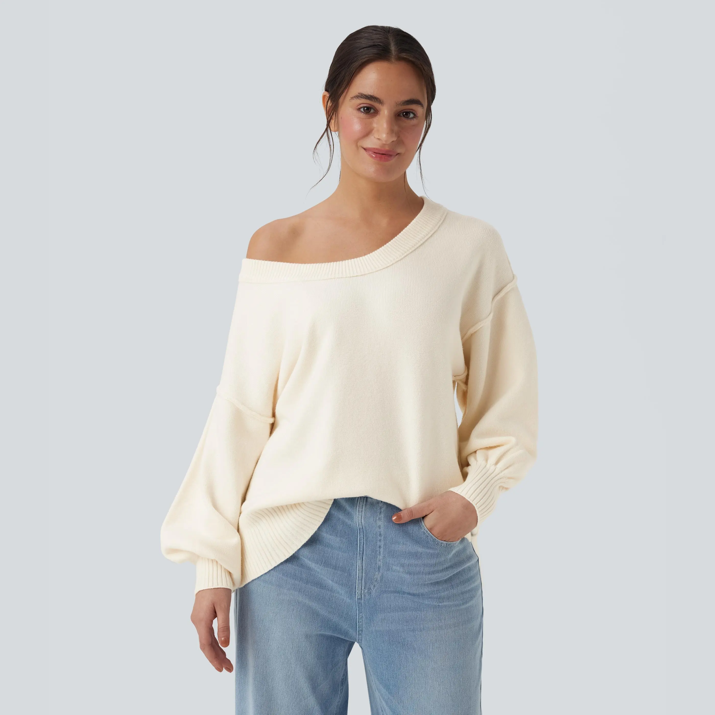 Halara V Neck Dropped Shoulder Long Sleeve Split Casual Sweater ...
