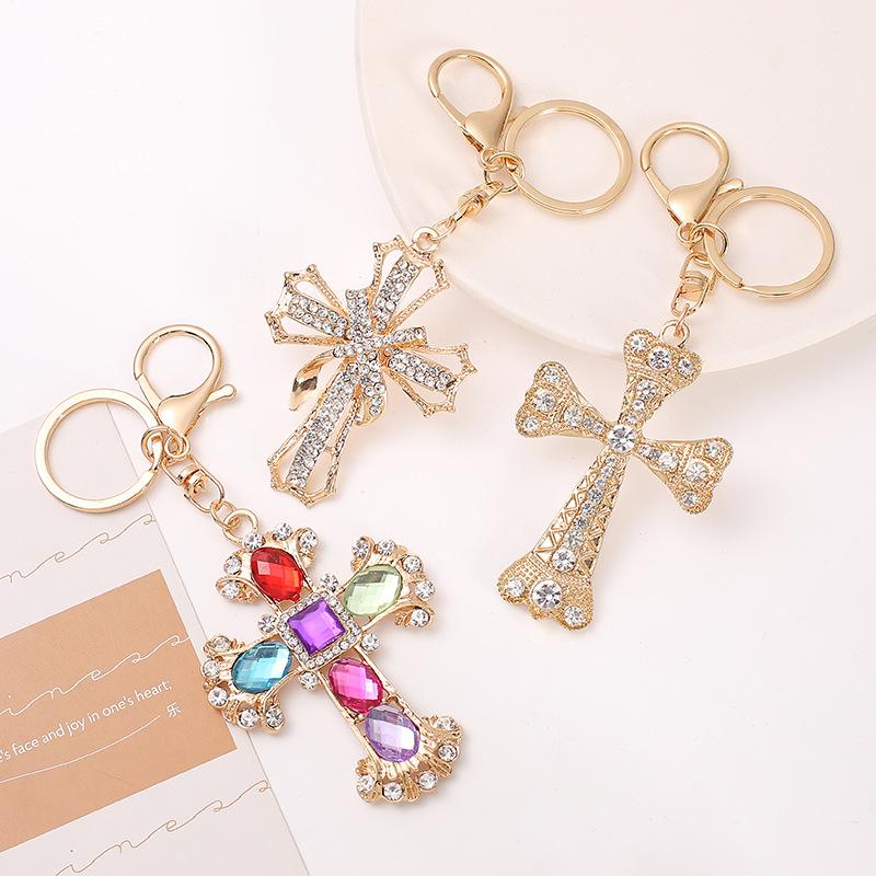 Creative Hanging Ornament Rhinestone Cross Keychain Metal Car Bag ...