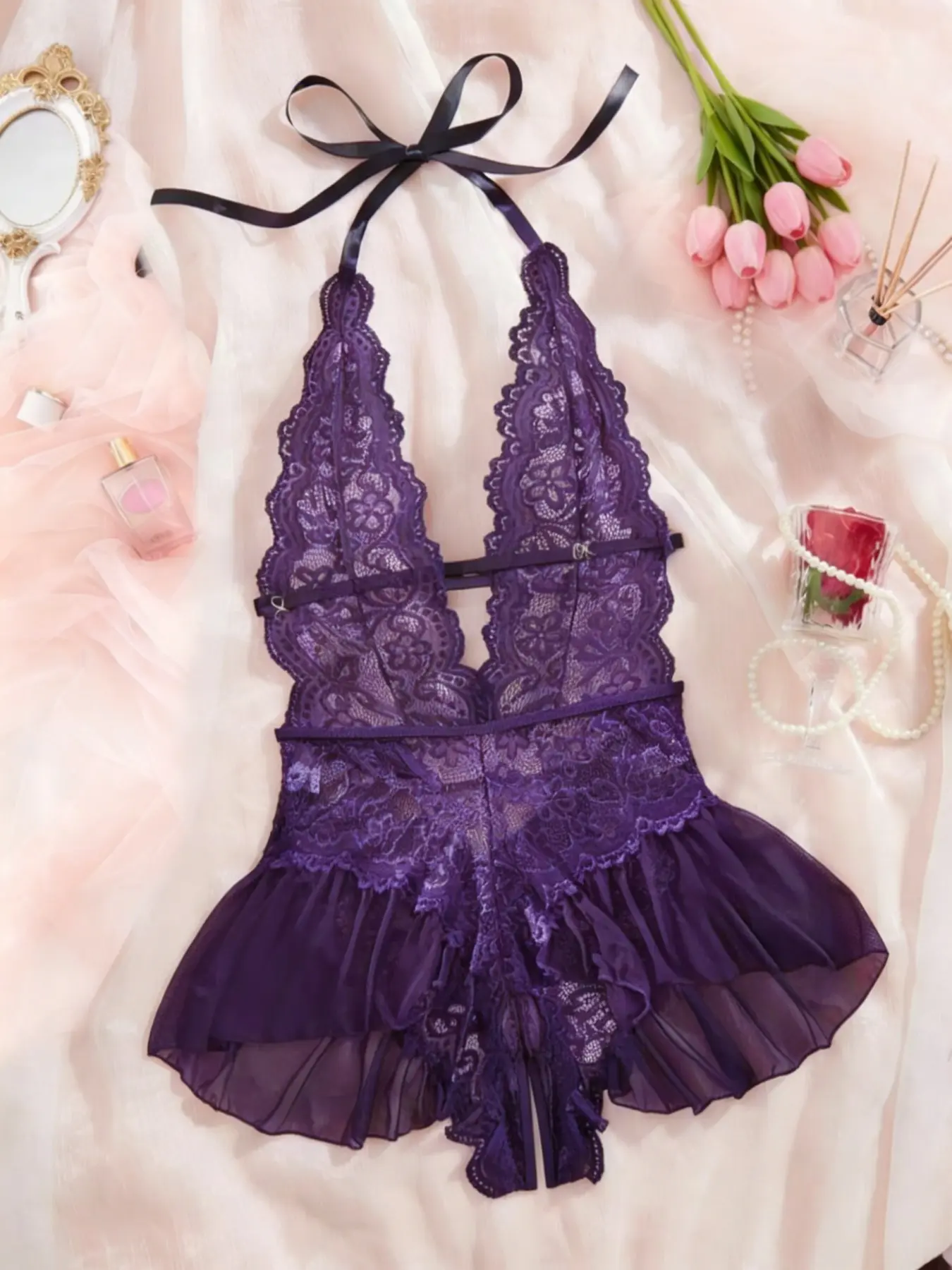 Women's Sexy Floral Lace Cami Nightdress, Deep V Neck Sheer Lingerie ...