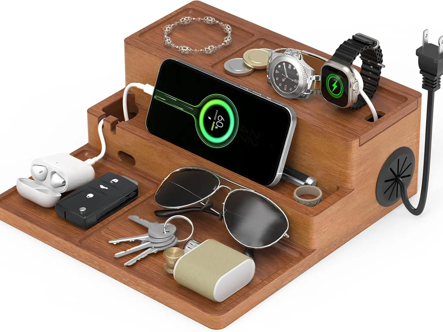 Assembly-Free 3-Layer Wood Nightstand Organizer with Charging Station ...