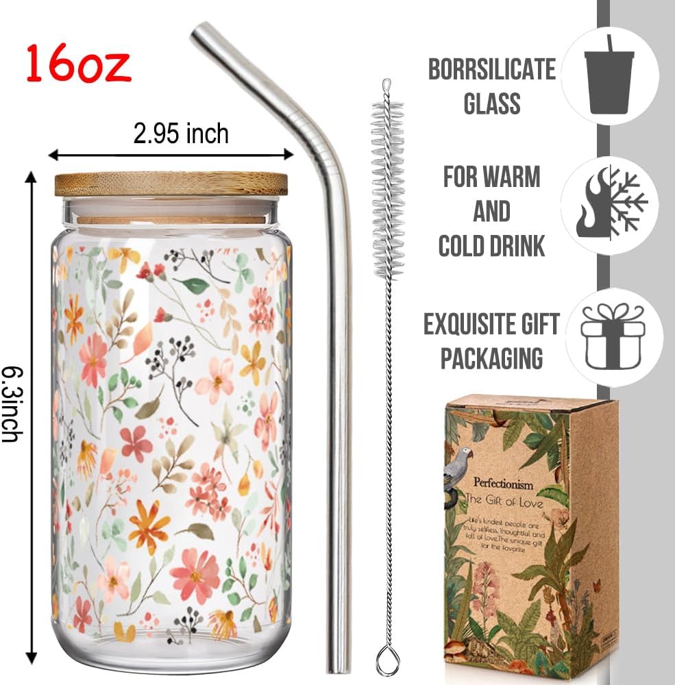 Floral Iced Glass Cups with Bamboo Lids and Straws 16oz Wildflower ...