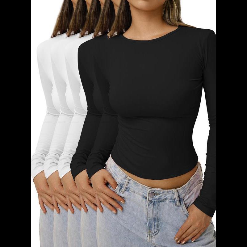Women's Solid Ruched Long Sleeve Crop Lounge Tee, Casual Comfy Round Neck T-shirt for Daily Wear ...