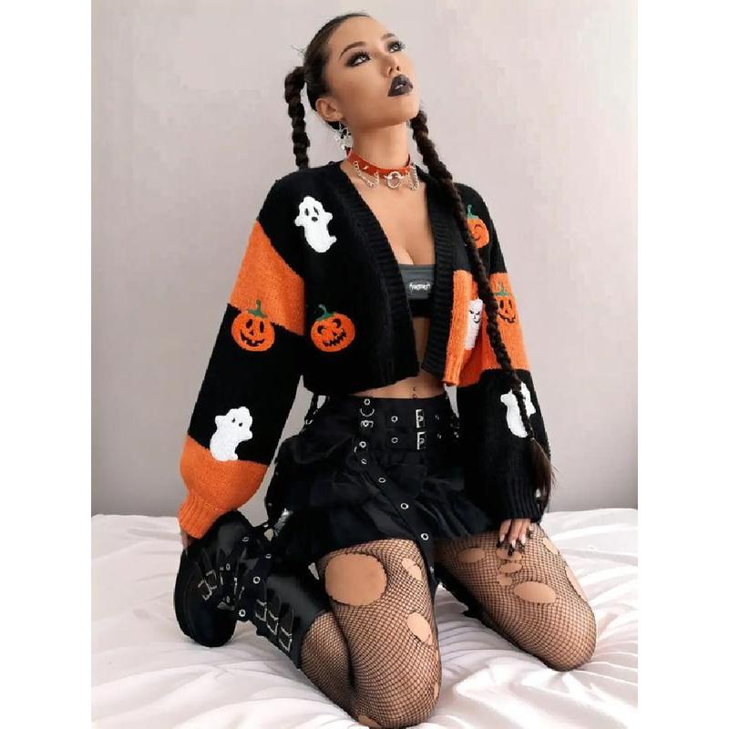 Women's Halloween Colorblock Pumpkin Embroidered Loose-Fit Short ...