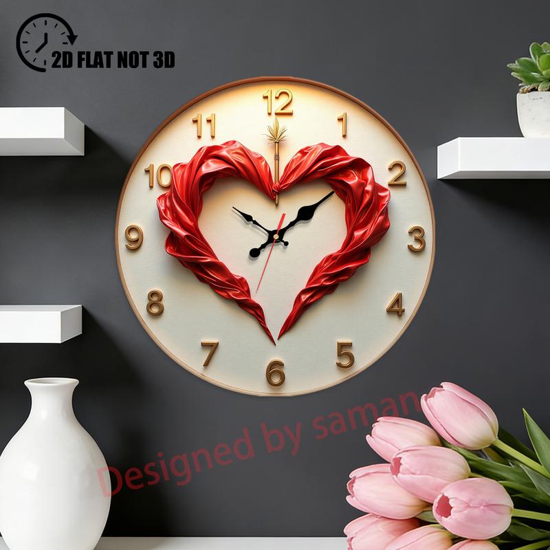 Valentine Wall Clock 12 Inch, Red Heart Shape 2D Flat Pattern Wood ...