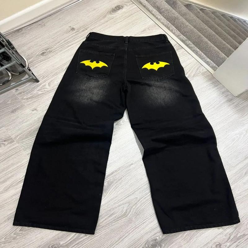 Y2K Bat Animal Embroidery Baggy Jeans Vintage Men Black Washed Hip Hop ...