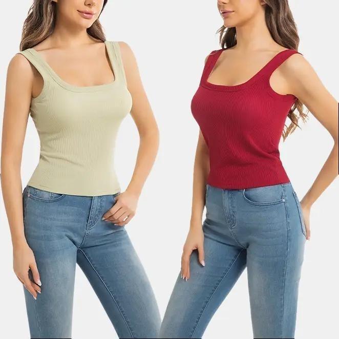 JOINBUY Women's Built-in Bra Ribbed Tank Top U-Back Cami with Fixed ...