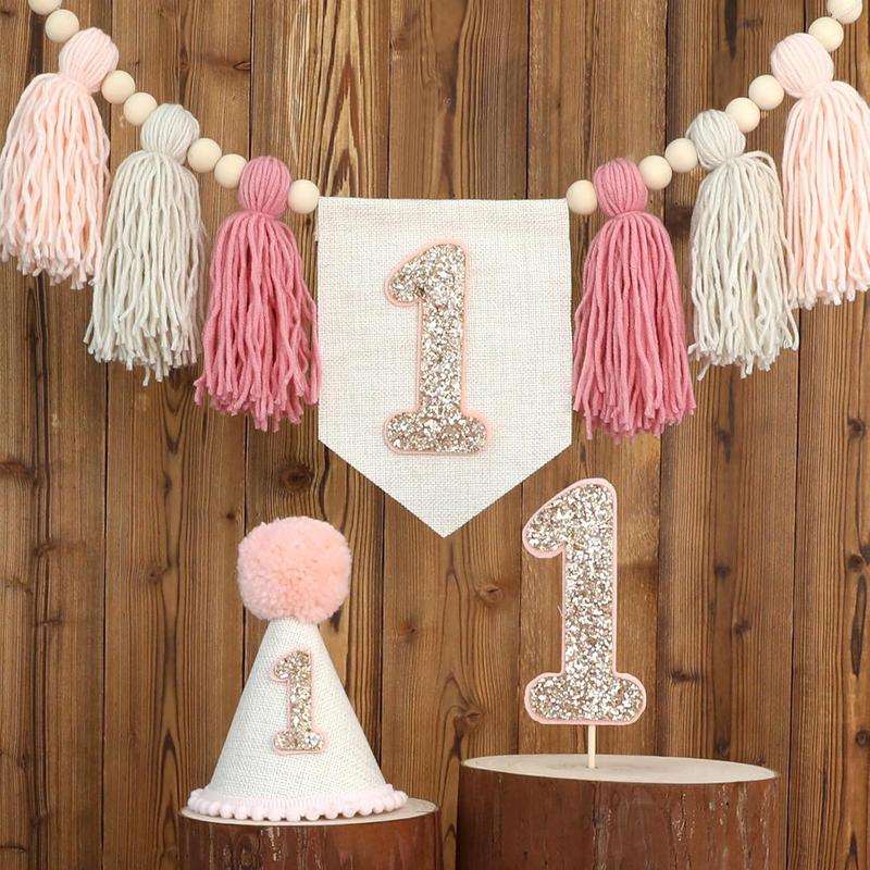 Pink Baby Girl 1st Highchair Banner Wood Bead Tassel Garland Conical ...
