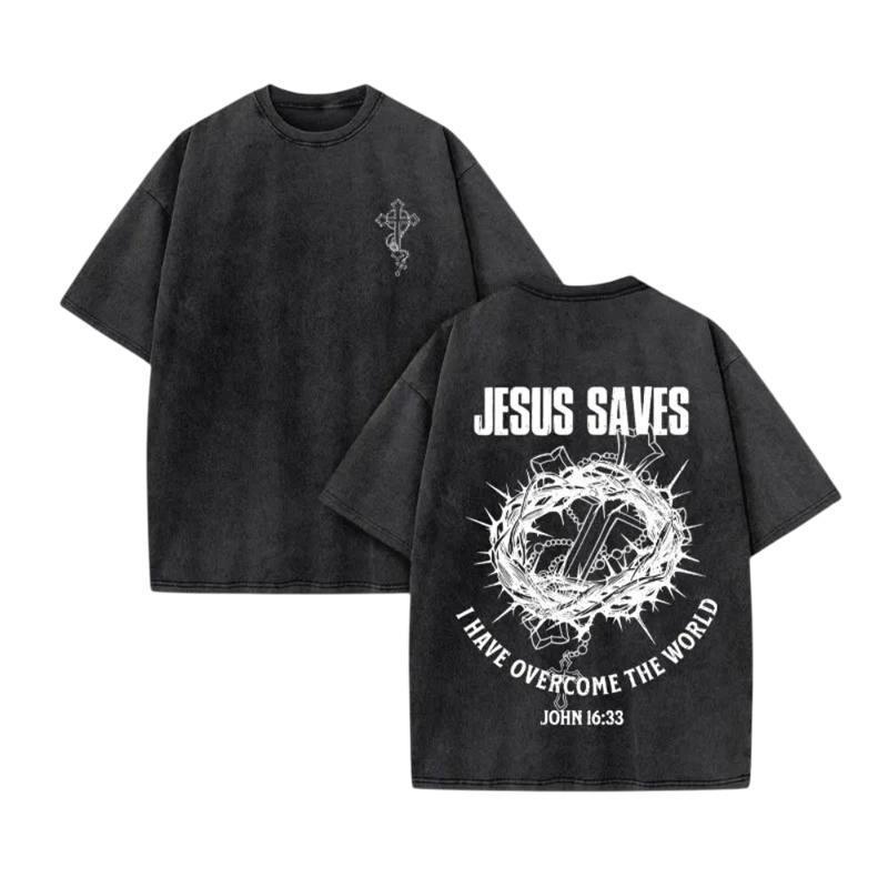 Jesus Saves Shirt – Oversized Washed Christian Tee with Bible Verse ...