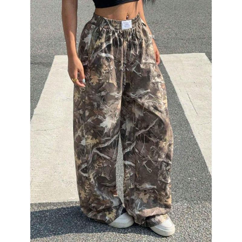 Women Withered Branches Maple Leaf High Waisted Wide Leg Camo Baggy ...