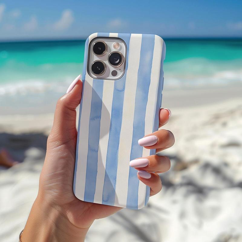 OCEAN BLUE Striped Phone Case – Beachy Coastal Tough Cover for iP 17 16 ...