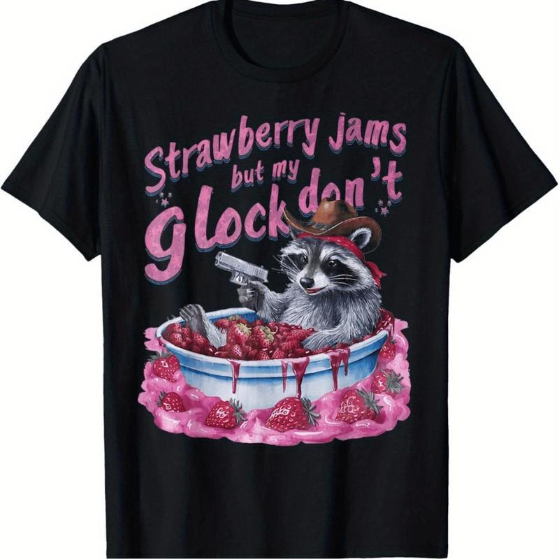 [100%25 Cotton] Playful Raccoon Cowboy Cotton Tee Featuring Strawberry ...