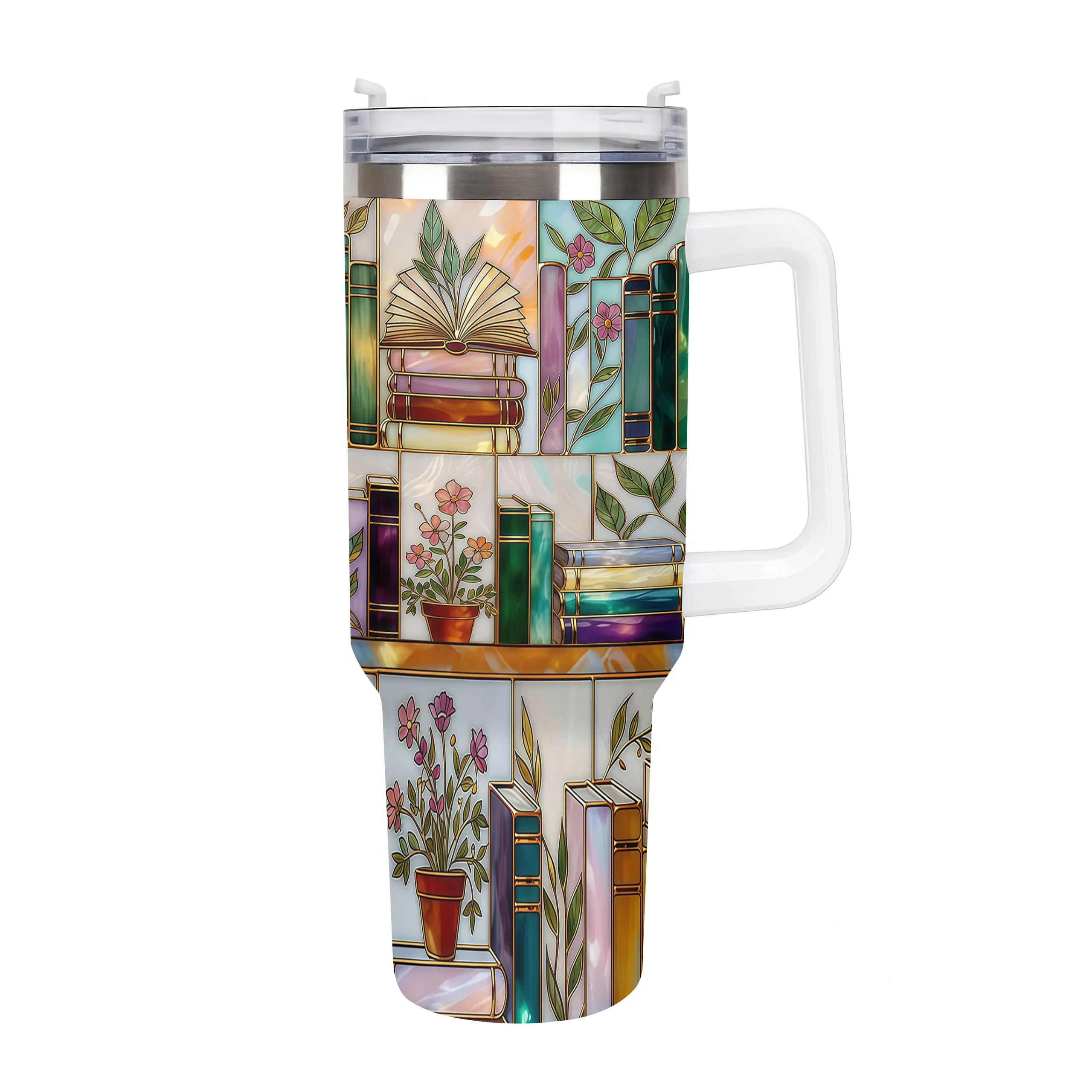 Stained-Glass Book Design 40oz Tumbler, Floral Bookshelf Tumbler, Book ...