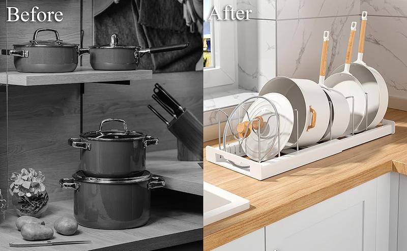 Pots and Pans Organizer Under Cabinet - Pot Lid Holder, Expandable Pan ...