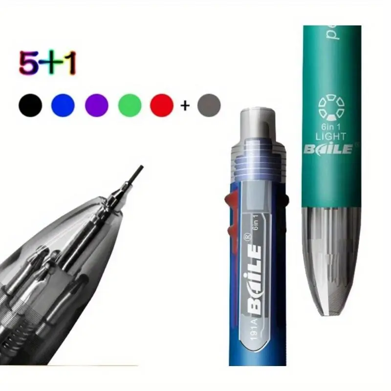6-in-1 Creative Multicolor Ballpoint Pen Push Type Pens Multifunction ...