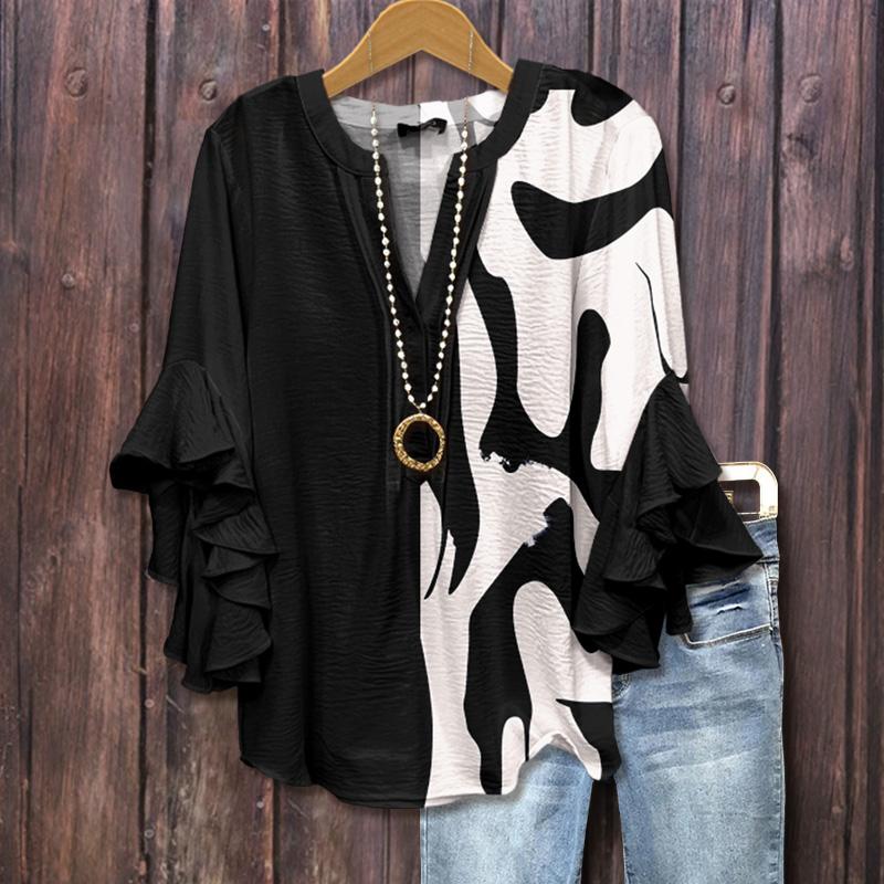 Cherrybetty Contrast Abstract Print Ruffle Sleeve Top Casual Black ...
