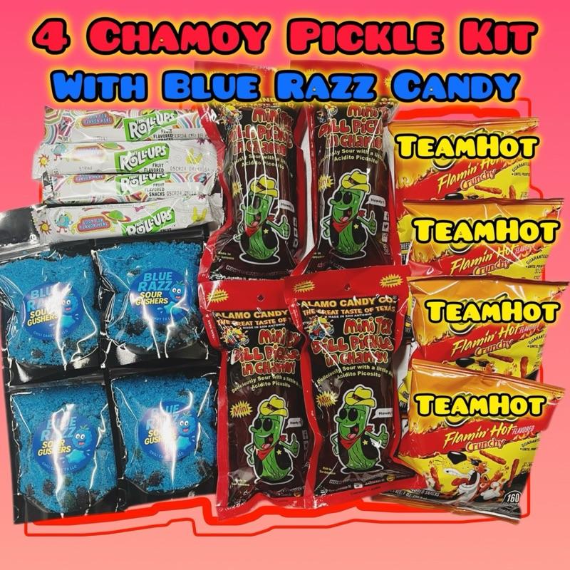 4 Chamoy Pickle Snack Kits with Fruity Rolls, Crunchy Chips & Blue Razz ...