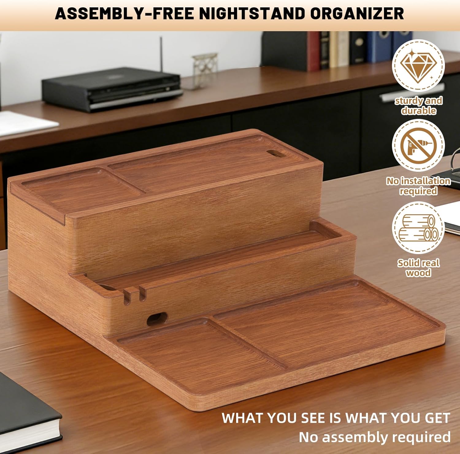 Assembly-Free 3-Layer Wood Nightstand Organizer with Charging Station ...