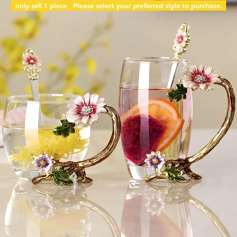 Enamel Sunflower Crystal Glass Tea Cup Set, Creative Floral Handle ...
