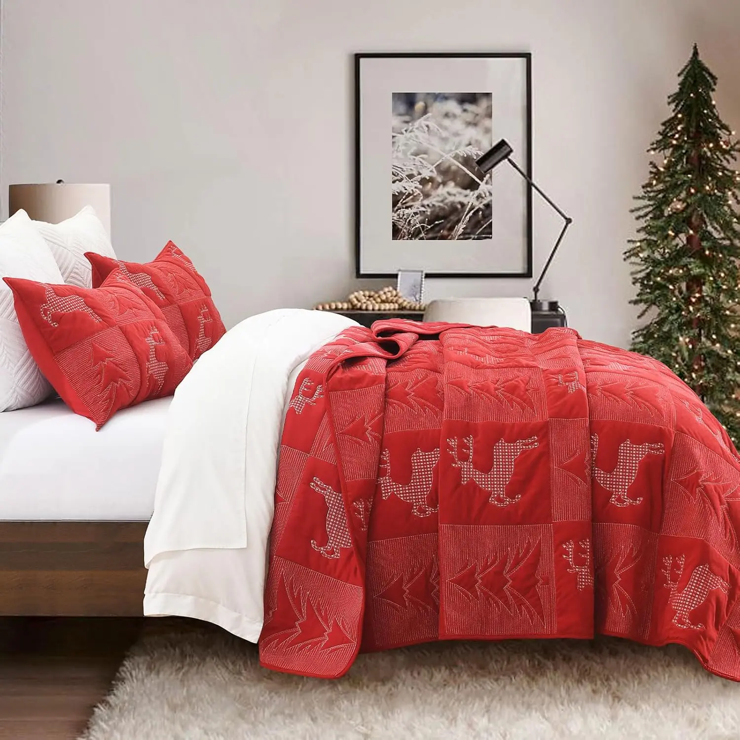 【Fansace x Grassix】3 Pieces Velvet Quilt Set with Xmas Tree Reindeer ...