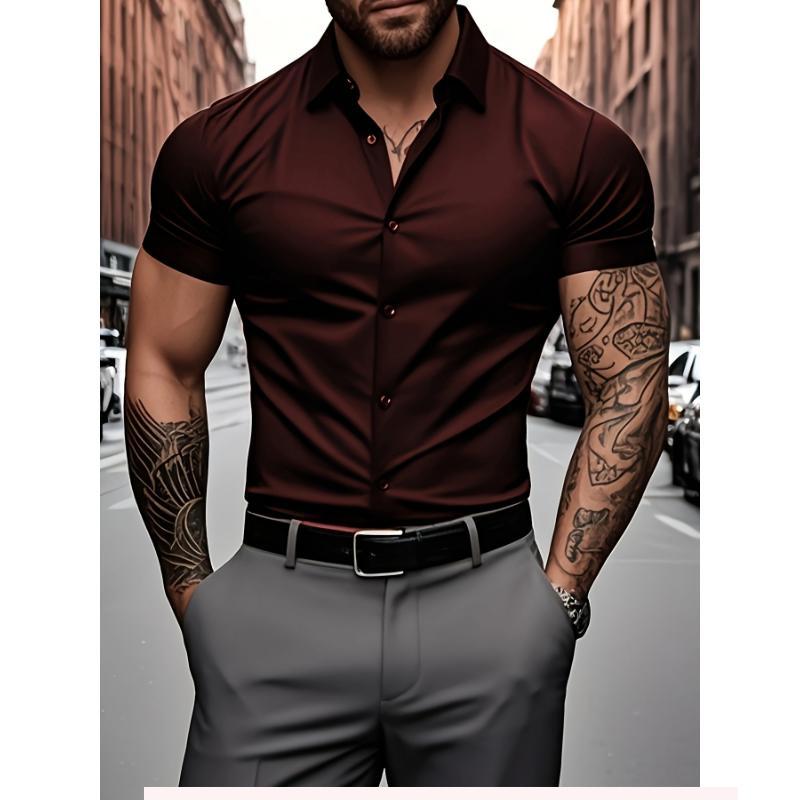 Men'S Muscle Fit Short Sleeve Dress Shirt, Solid Color Polyester 96% Spandex 4% Stretch, Woven ...