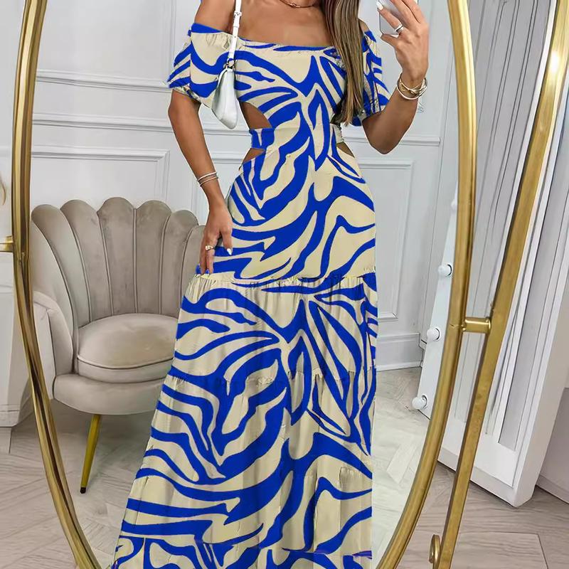 Printed One-Line Collar Short-Sleeved Long Dress with Hollow Waist ...