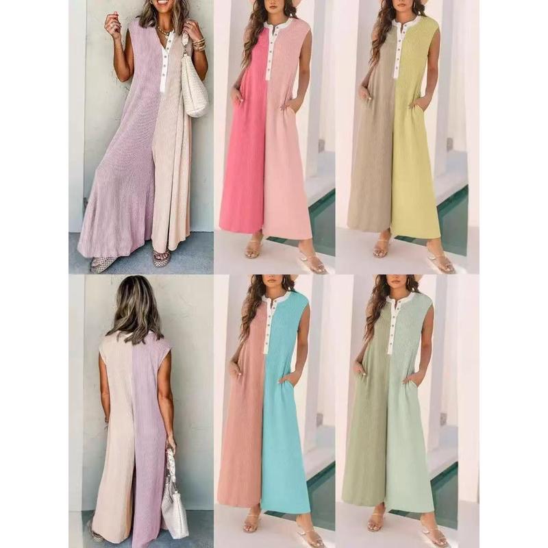 Women's Color Block Print Button Jumpsuit, Casual Sleeveless Jumpsuit ...
