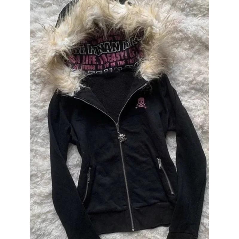 Y2K Black Fur Collar Zipper Sweatshirt Hoodie Sexy Women Sweatshirt ...