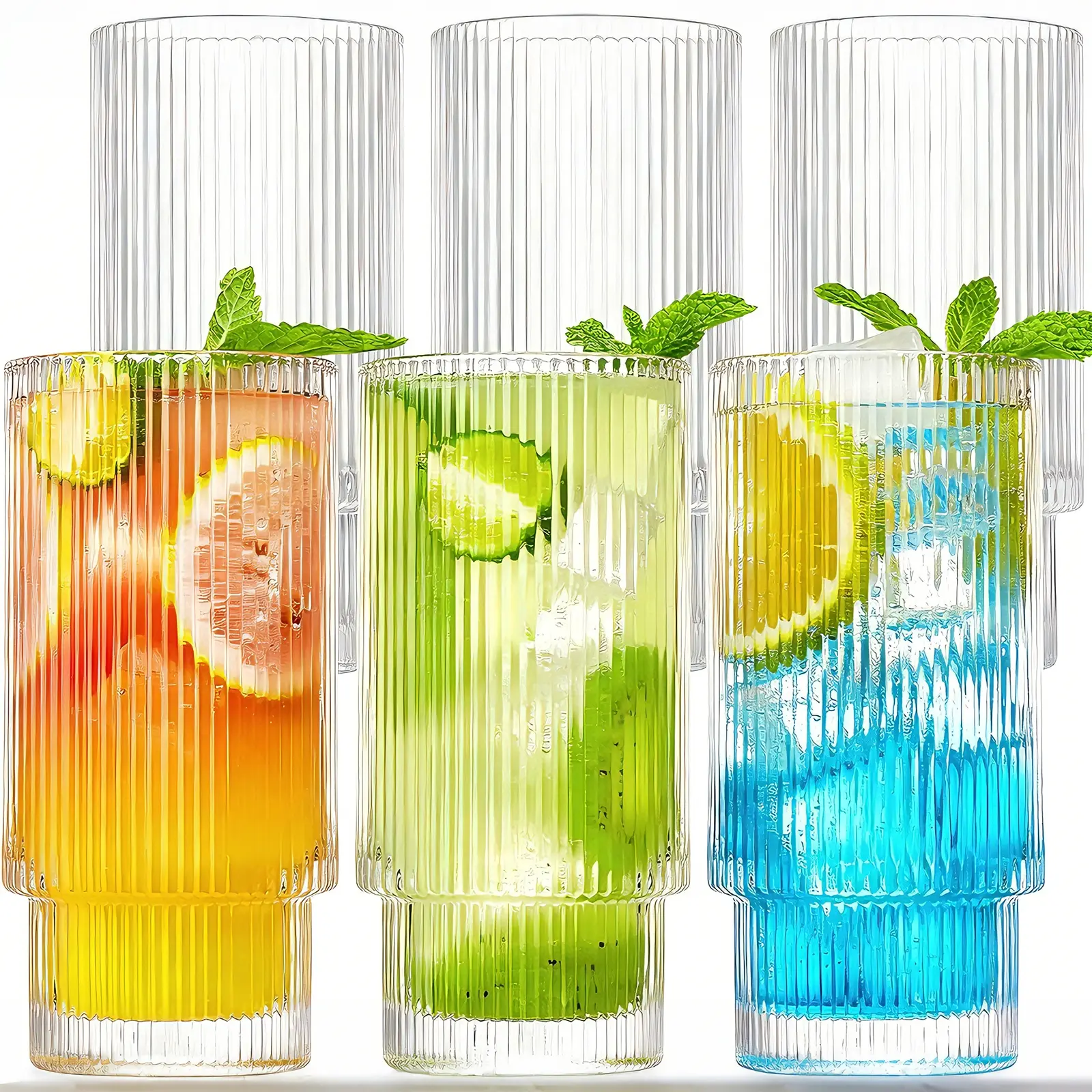 Ribbed Drinking Glasses Set of 6, 16 oz Vintage Glass Cups, Highball ...