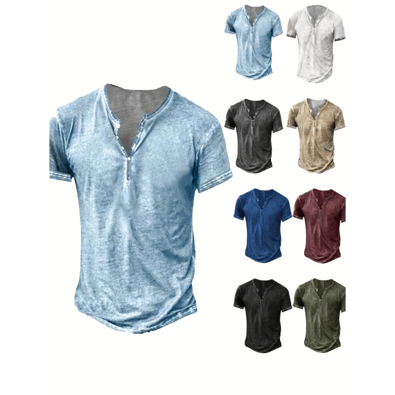 Men's Distressed Henley Shirt - Slim Fit Short Sleeve Button-Up Cotton ...