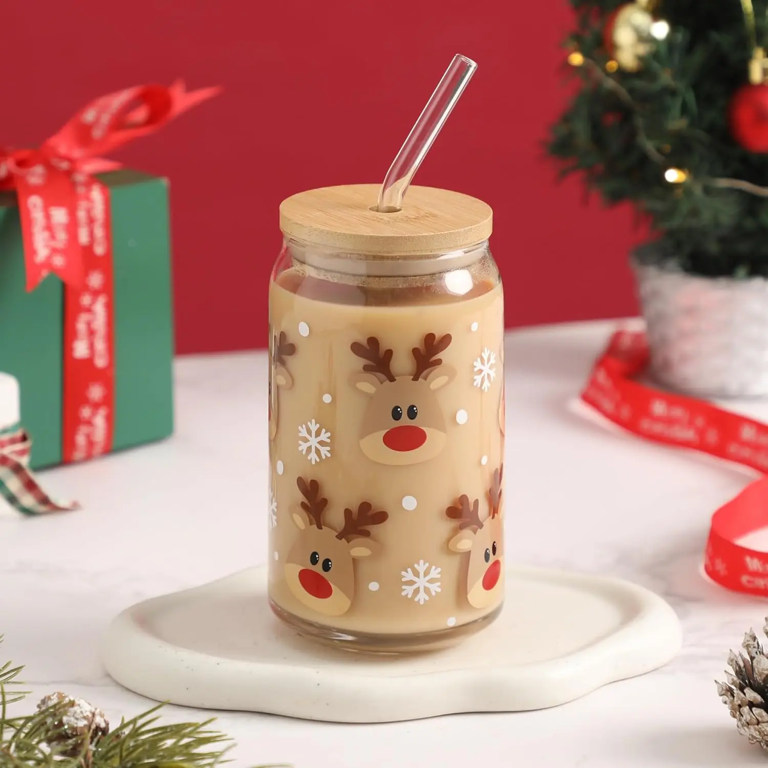 Christmas Reindeer Cup, 16oz Clear Glass Cups with and Straws, Cute ...