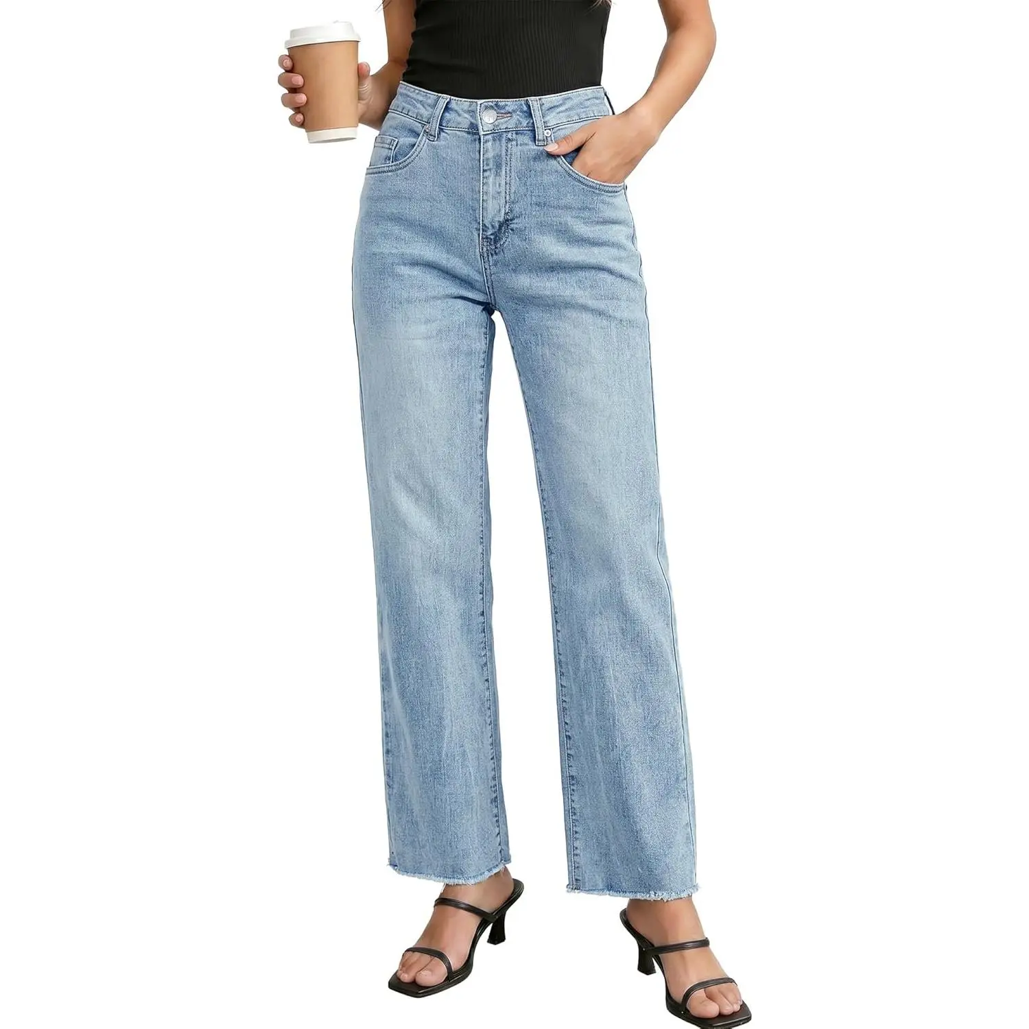 Straight Leg Jeans for Women High Waisted Stretchy Frayed Raw Hem Loose ...