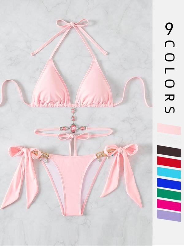 Women's Halter Tie Back Triangle Bra & Ring Linked Panty Bikini ...
