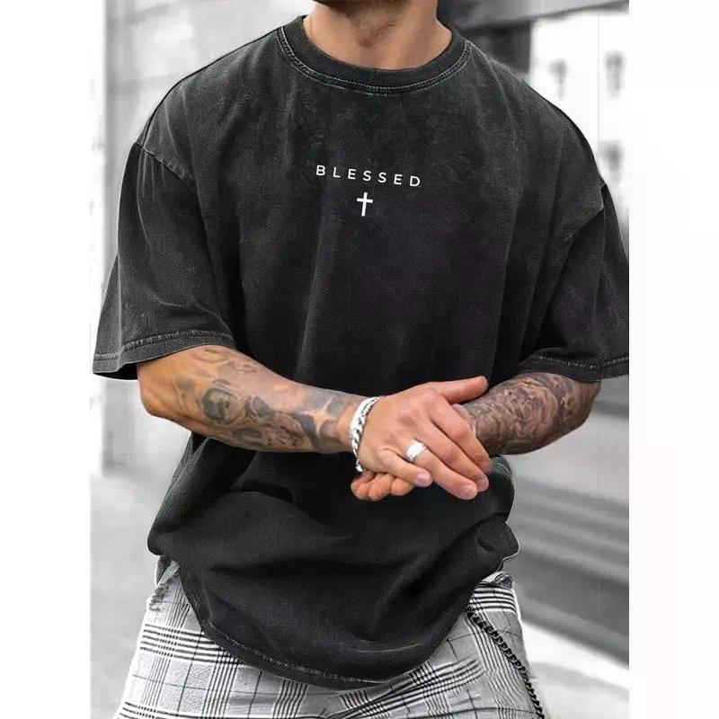 Men's Retro Washed Cross and Letter Print Short Sleeve Round Neck T ...