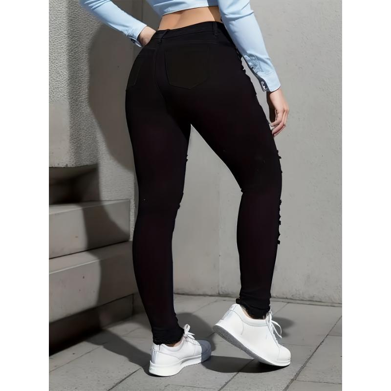 Women's-Waisted Distressed Black Color Ripped Jeans With, Style Skinny ...
