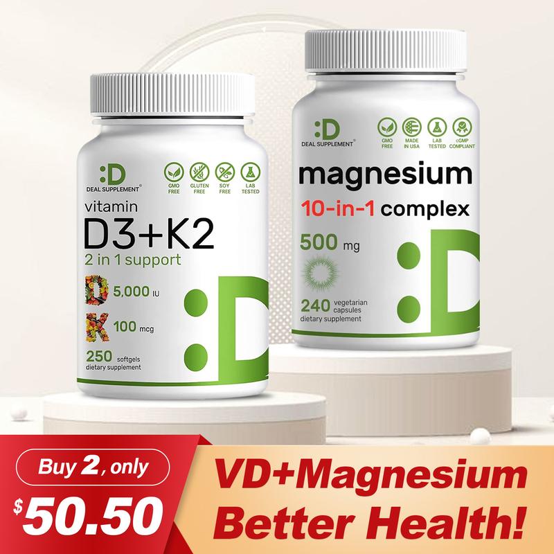 DEAL SUPPLEMENT 10-in-1 Essential Magnesium Complex+Vitamin D3&K2 BUNDLE | Bones, Nerve Function ...