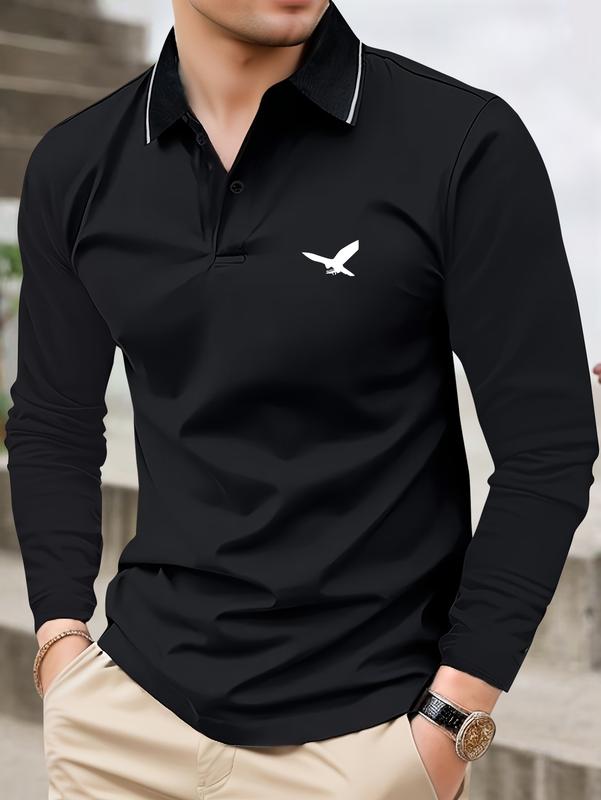 Men's Lightweight Spring & Autumn Bird Print Long Sleeve Buttoned Polo ...