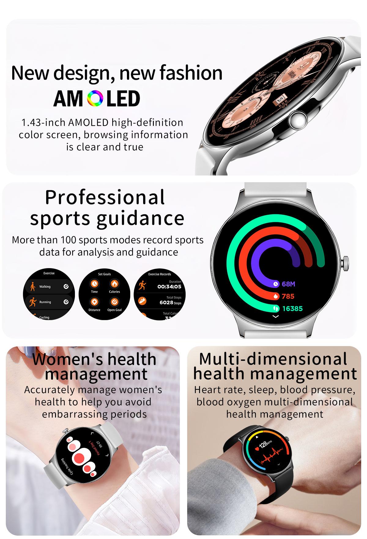 Aetow Premium Smartwatch for Women, 1.43” AMOLED 466×466 Display ...