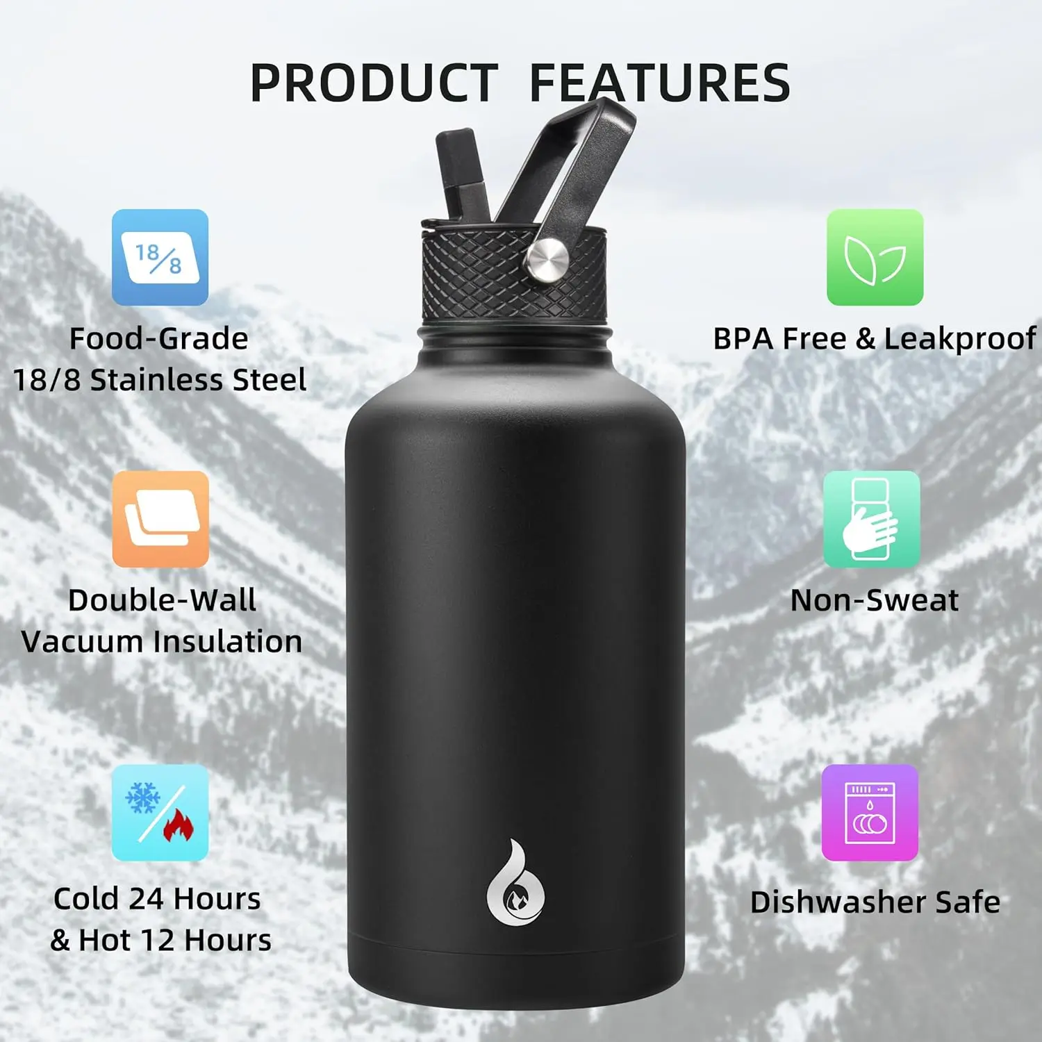 Half Gallon Insulated Water Bottles with Straw Lid, 64oz Large Water ...