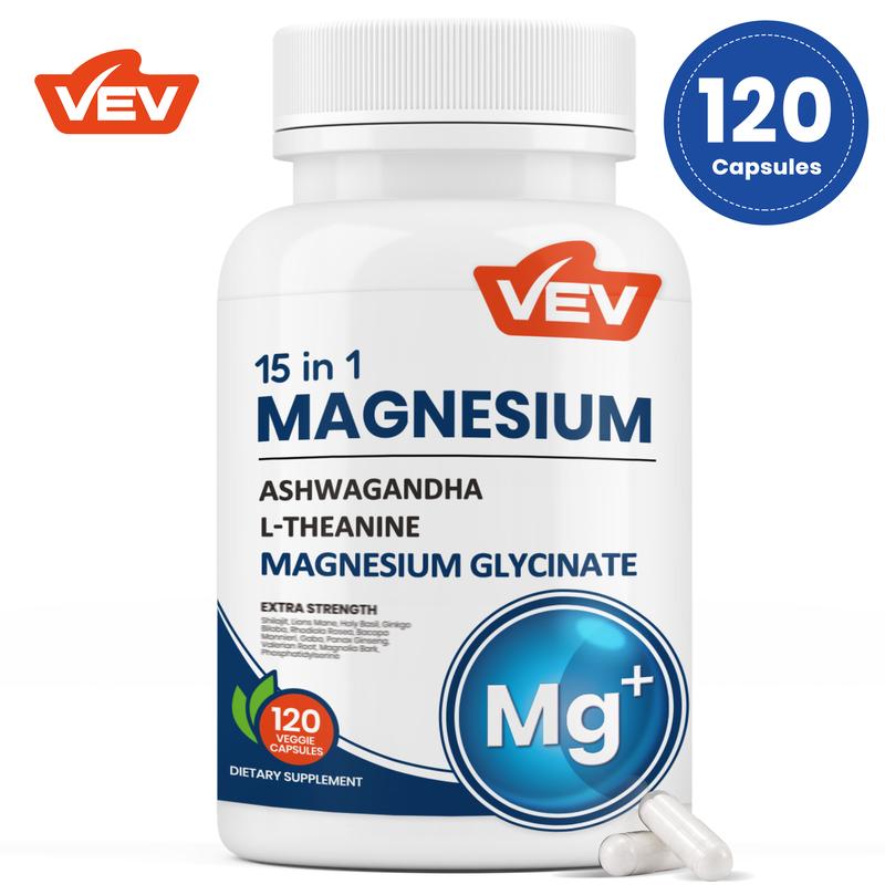 VEV 15 in 1 Magnesium Citrate & Glycinate Complex Capsules, Cortisol ...