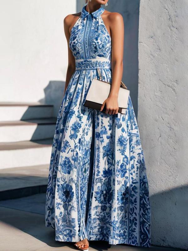 Elegant Women's Floral Print Dress - Summer & Spring A-Line Halter Neck ...