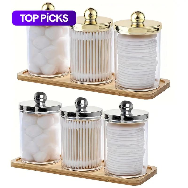 Cotton Swab Storage Box with Wooden Tray, 3 Counts/set Round Cotton ...