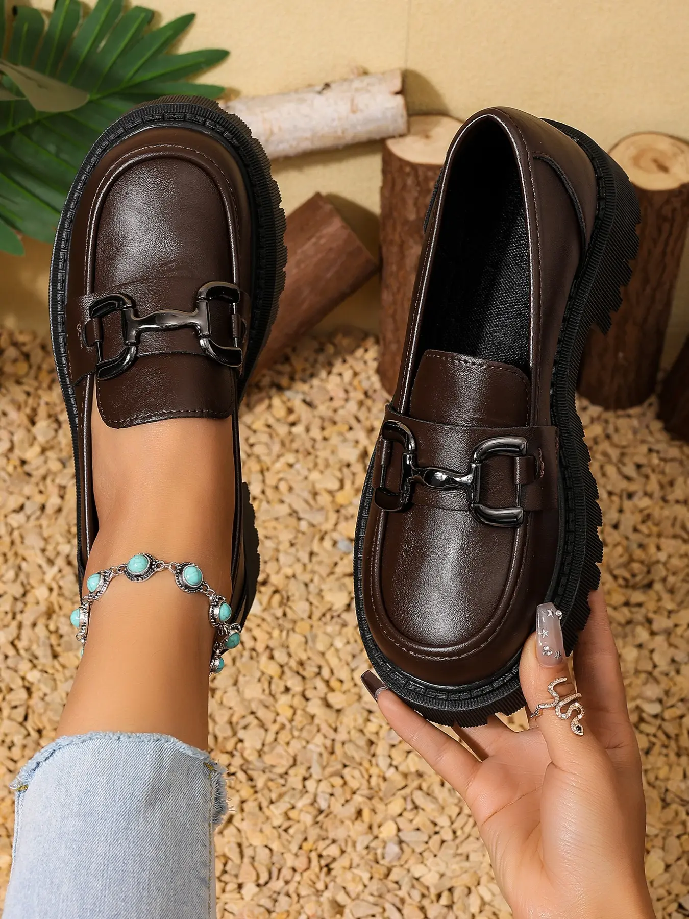 British Style Thick Sole Loafers for Women, Walking Shoes, Metal Buckle ...